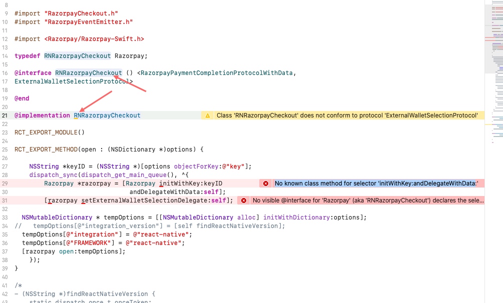 No visible @interface for 'Razorpay' (aka 'RNRazorpayCheckout') declares the selector ...