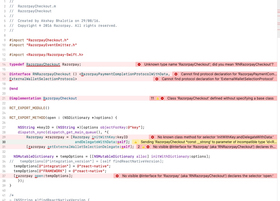No visible @interface for 'Razorpay' (aka 'RNRazorpayCheckout') declares the selector ...
