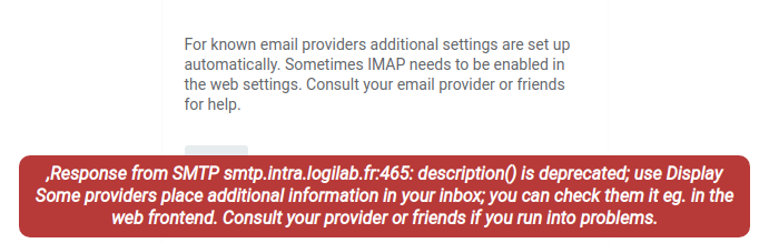 Response from SMTP description() is deprecated; use Display · Issue #1556 · chatmail/core · GitHub
