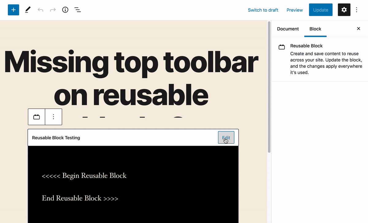 Missing/Broken Top Toolbar on Reusable Blocks · Issue #26824 · WordPress/gutenberg · GitHub