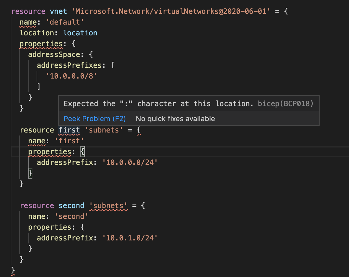bicep vscode linter does not detect child resources BCP018 and BCP025 · Issue #2580 · Azure ...