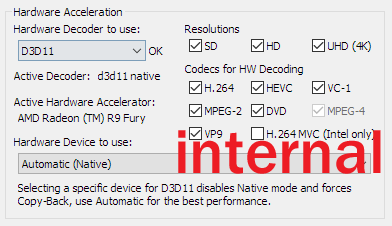 Video accelerator (HW device setting) is ignored by internal LAV video ...