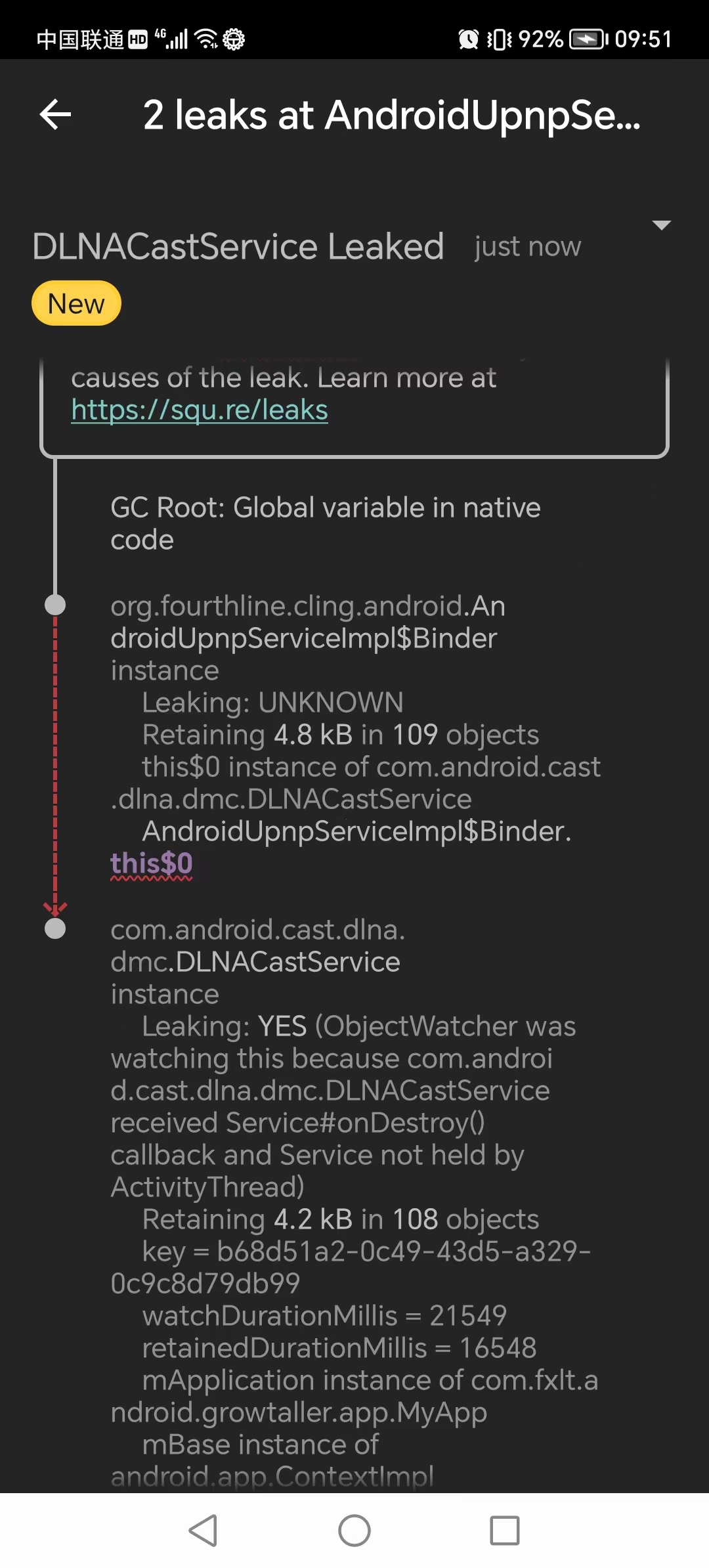 引入工程内存检测工具提示内存泄漏 · Issue #39 · devin1014/DLNA-Cast · GitHub