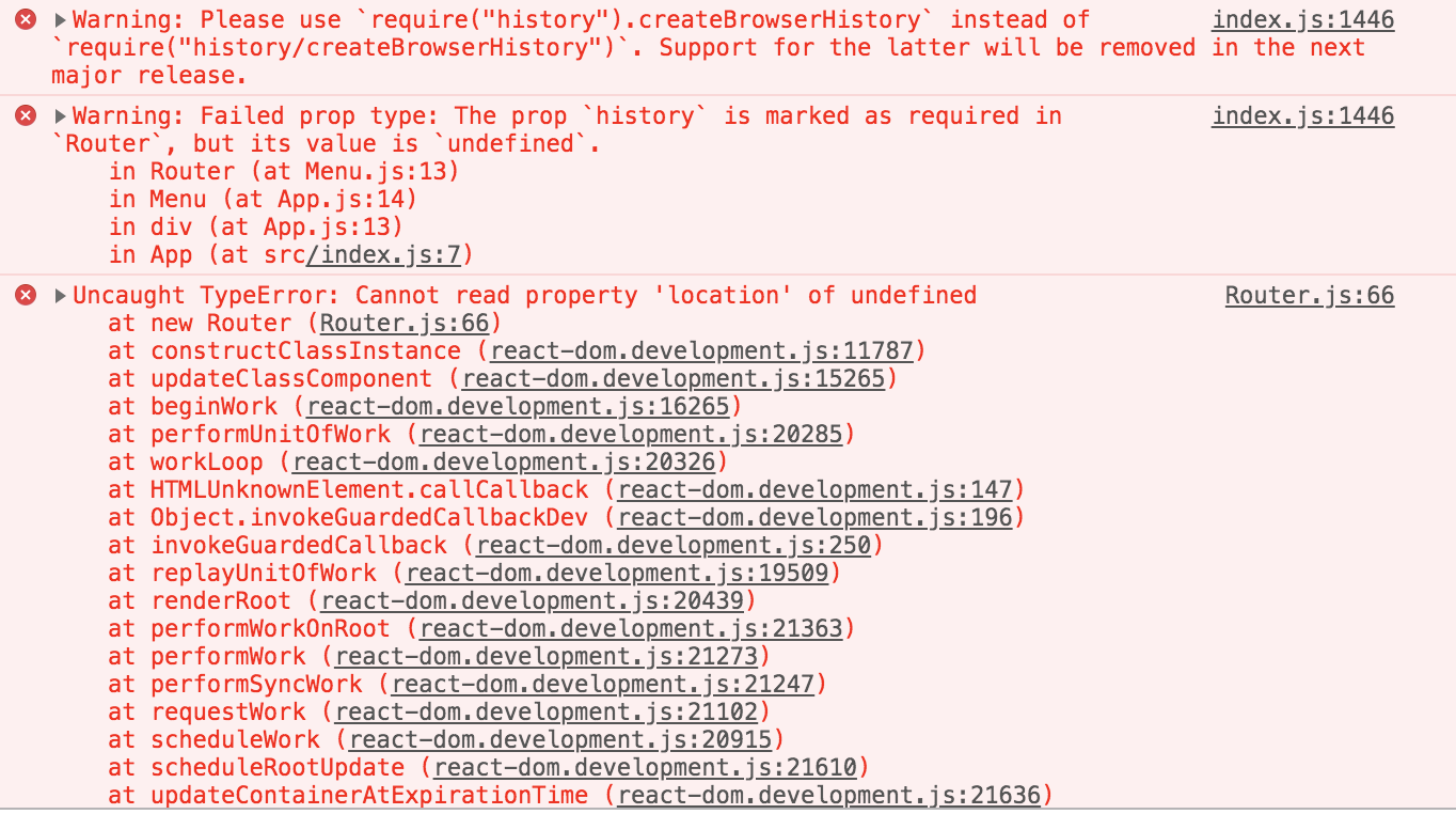 Failed prop type: The prop `history` is marked as required in `Router`, but its value is ...