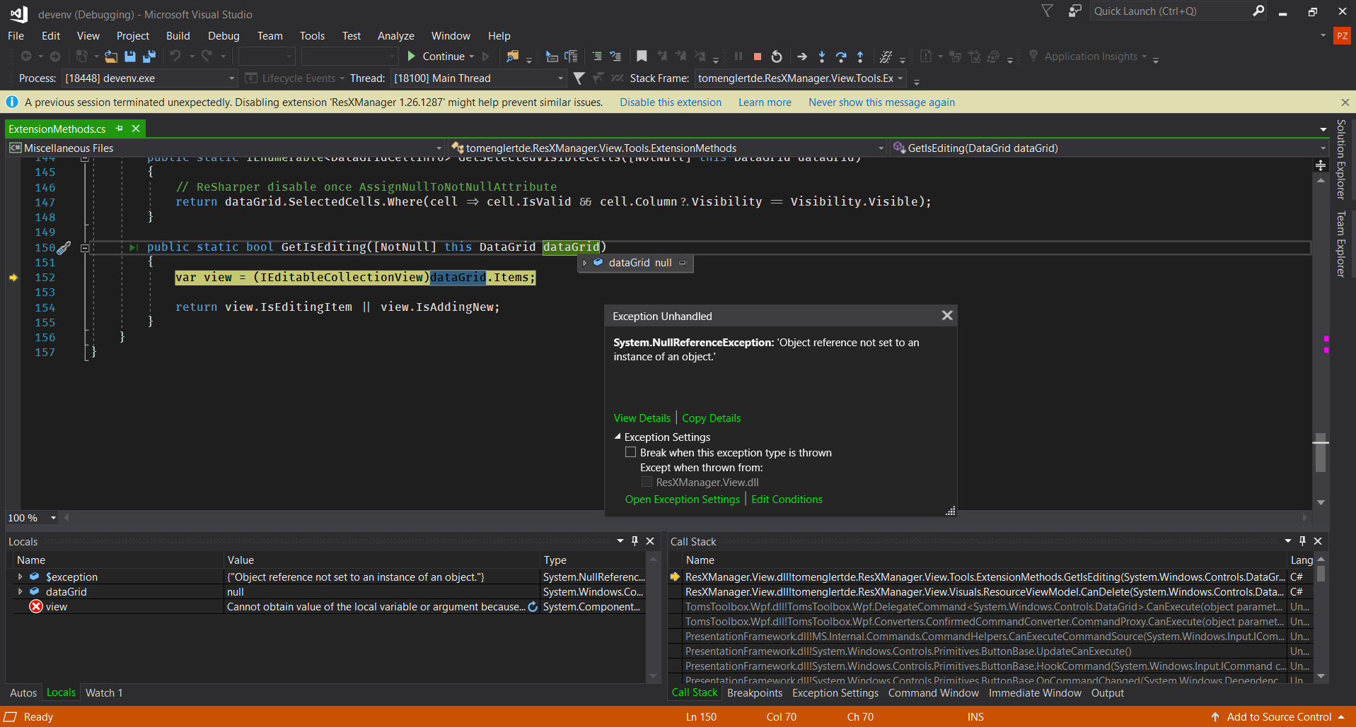 The ResXManager window cannot be opened, a null reference exception is thrown. (ResXManager 1.26 ...