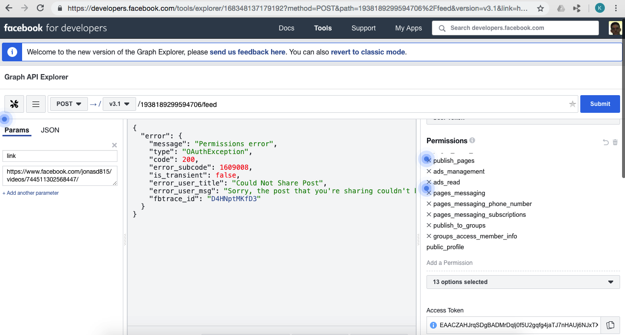 Can't post live video to the facebook groups · Issue #1083 · facebookarchive/php-graph-sdk · GitHub