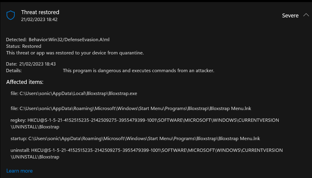 Windows Security False Positive Behavior:Win32/DefenseEvasion.A!ml · Issue #97 · pizzaboxer ...