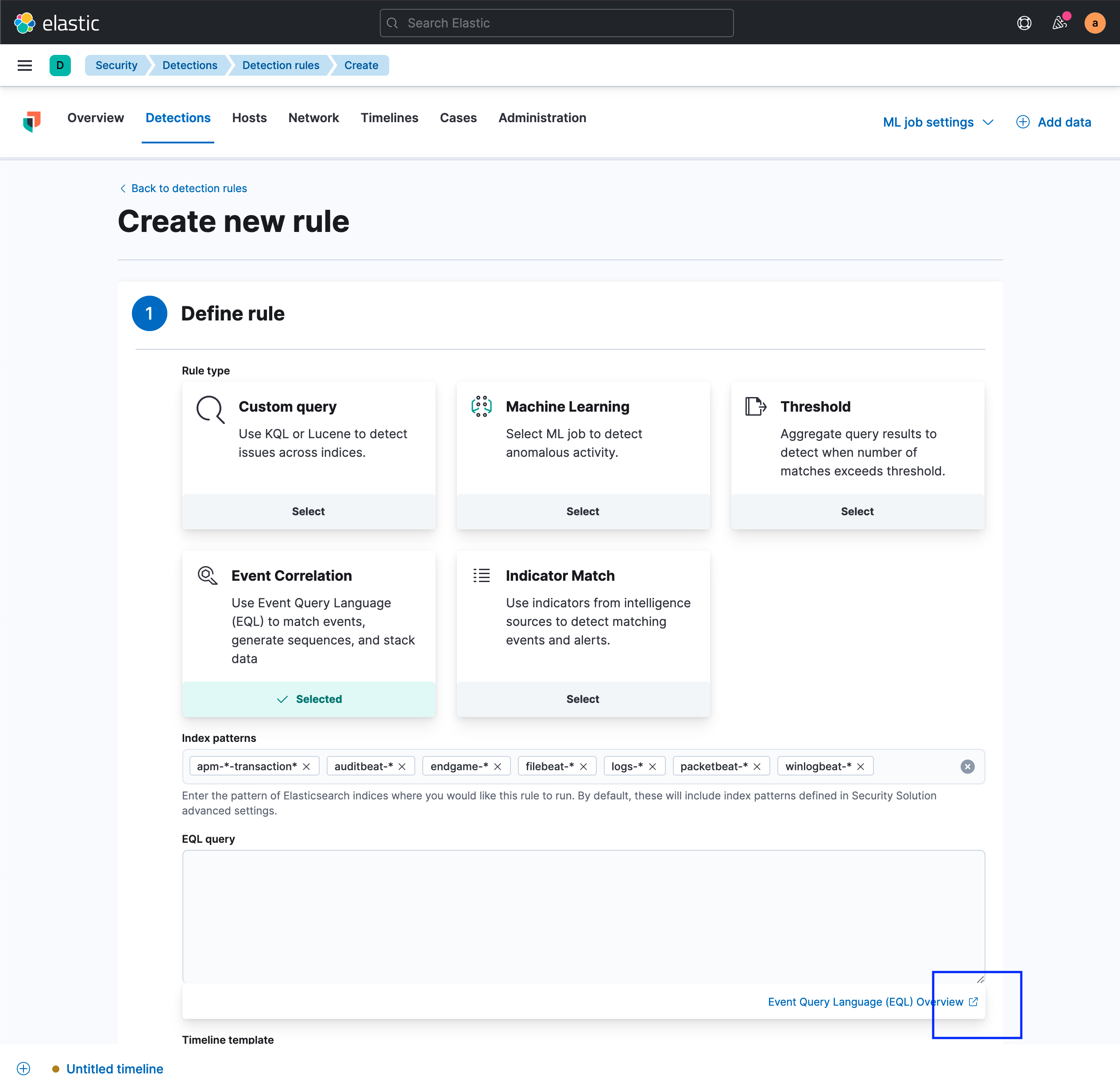 [Security Solution] [Detections] Custom Event Correlation (EQL) detection rules can only ...