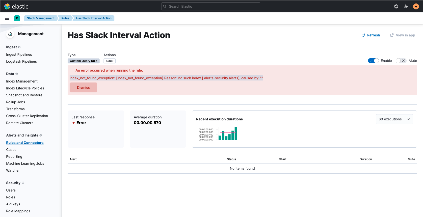 [Security Solution] Rules configured to run a Slack action on an interval fail with an [index ...