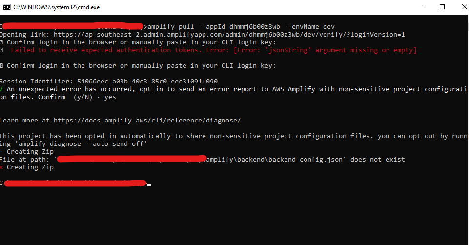 Failed to receive expected authentication tokens. Error: [Error: 'jsonString' argument missing ...