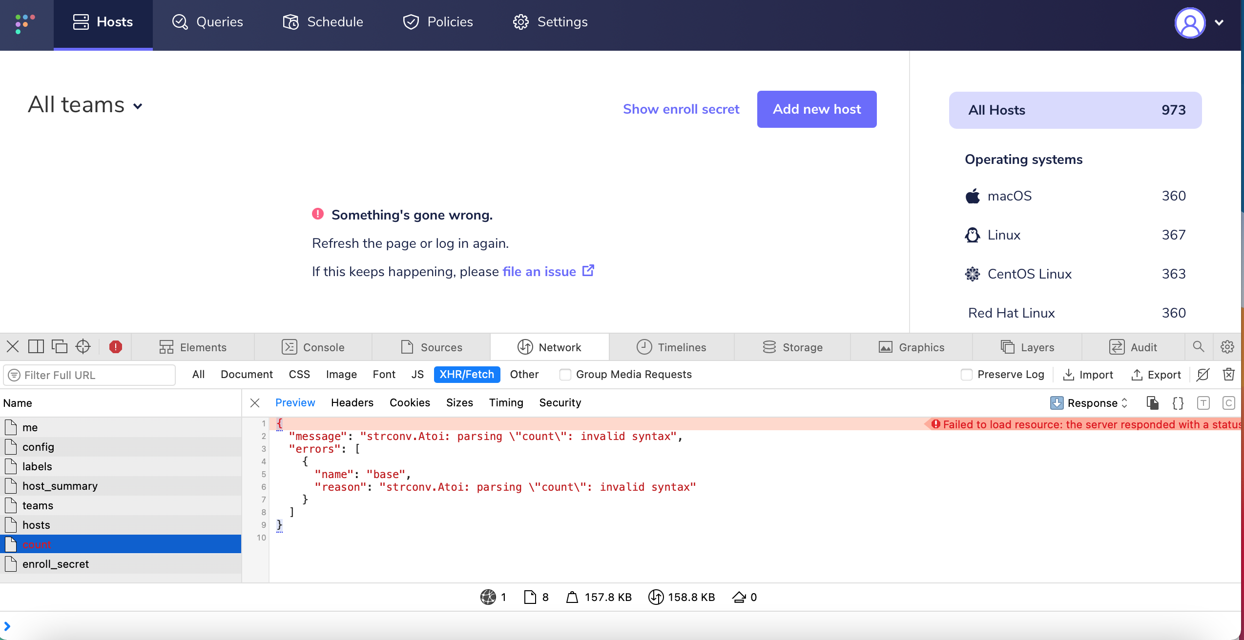Host Count fails, results in no hosts loading · Issue #2519 · fleetdm/fleet · GitHub