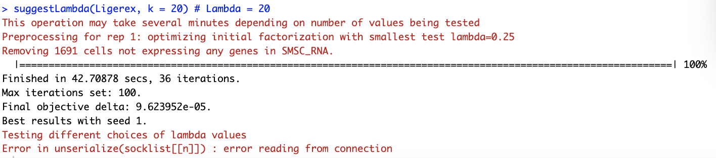 Liger optimizeALS function - Select k lower than the number of cells in smallest dataset: 0 ...