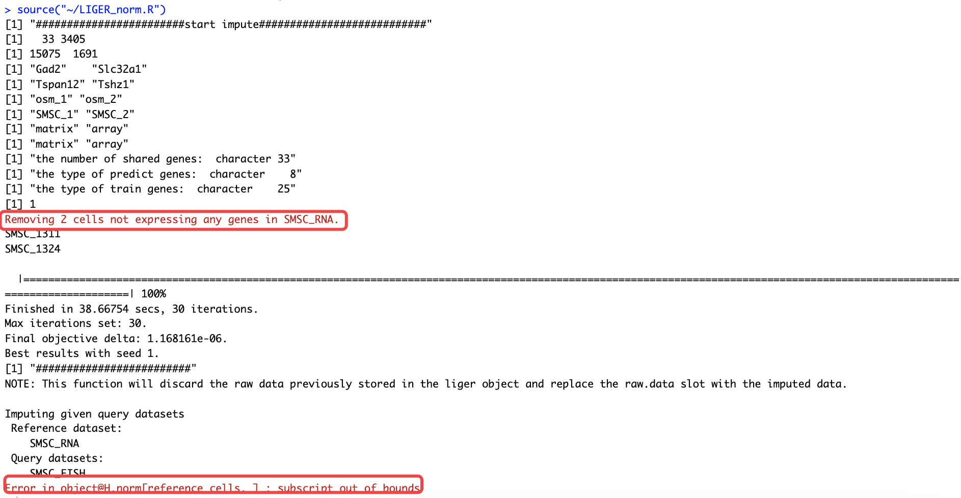Liger optimizeALS function - Select k lower than the number of cells in smallest dataset: 0 ...