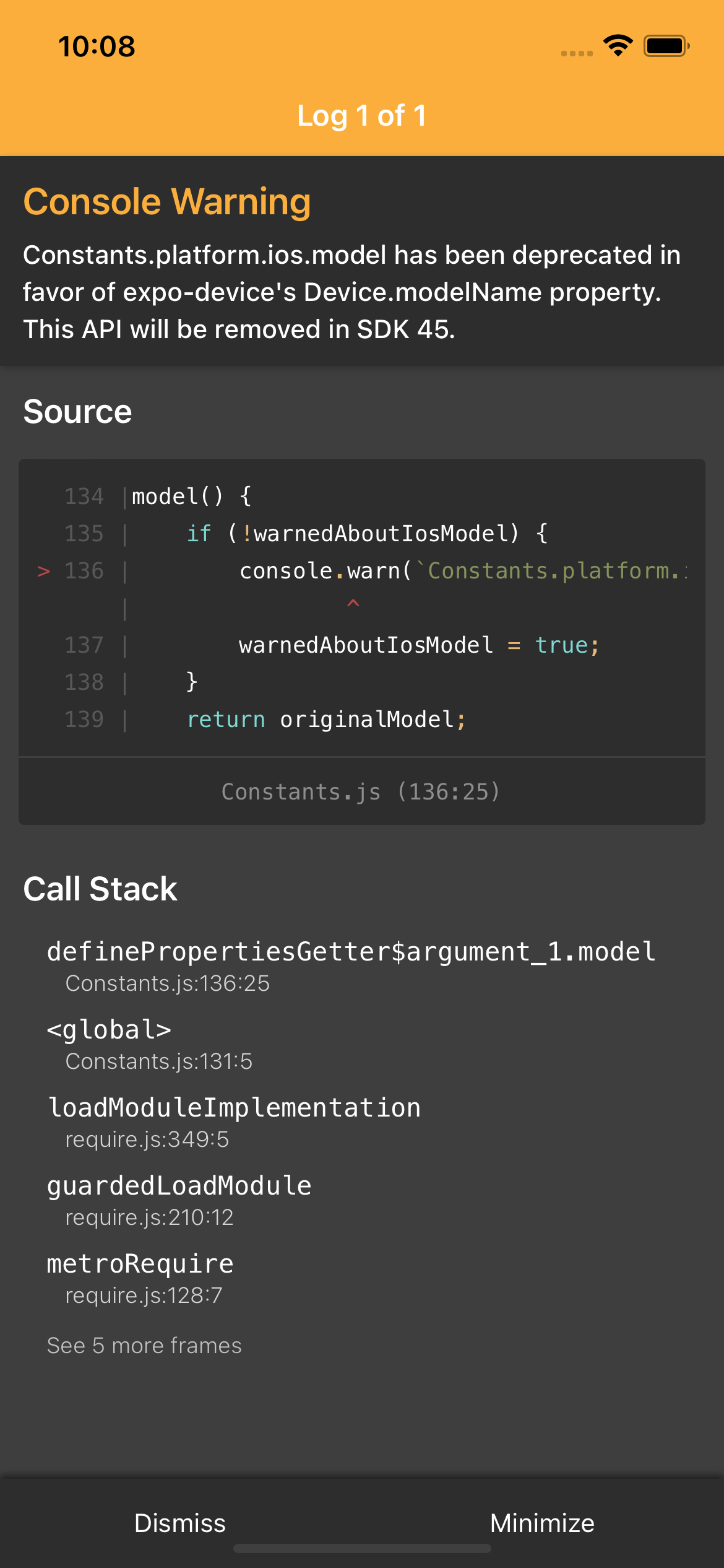 Getting expo-constants warning about Constants.platform.ios.model even ...