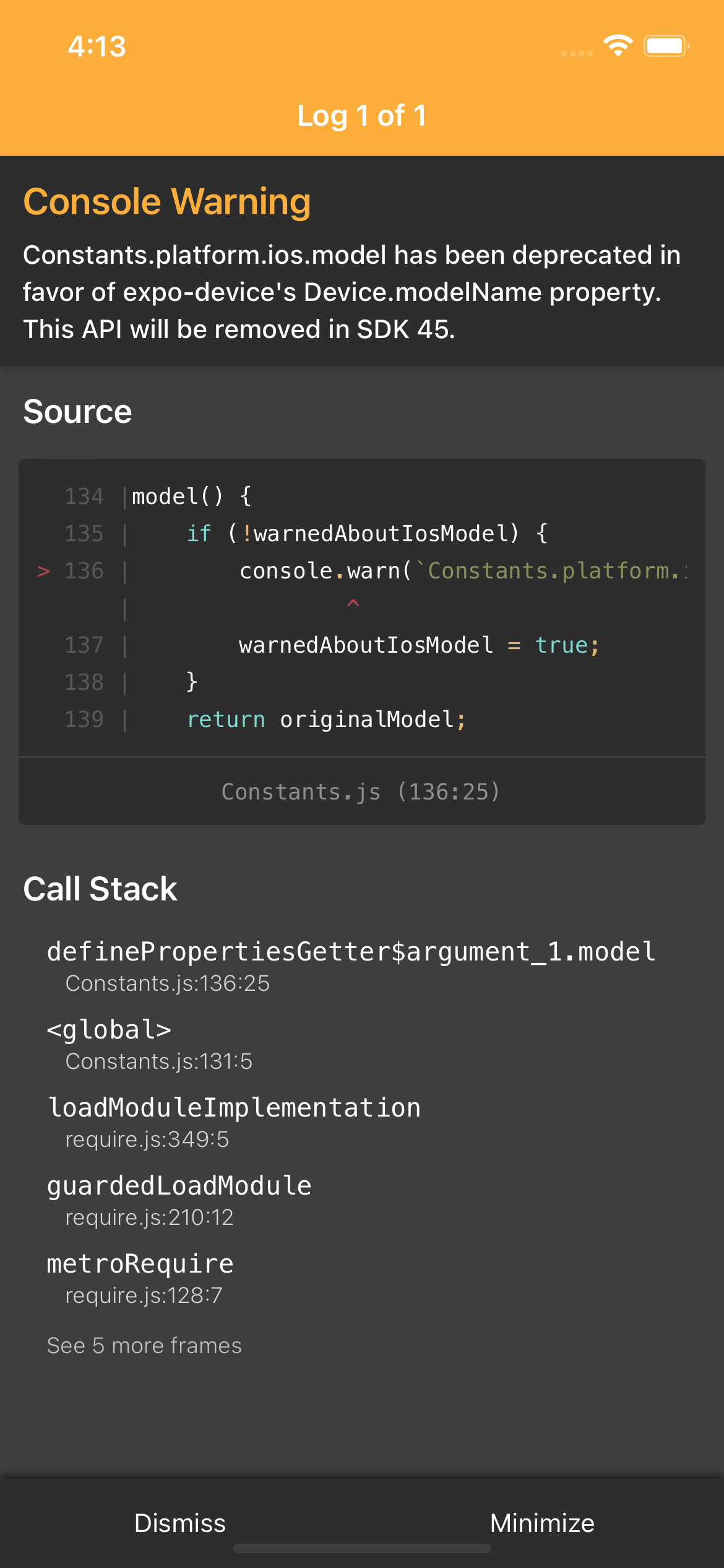 Getting expo-constants warning about Constants.platform.ios.model even though I'm not using it ...
