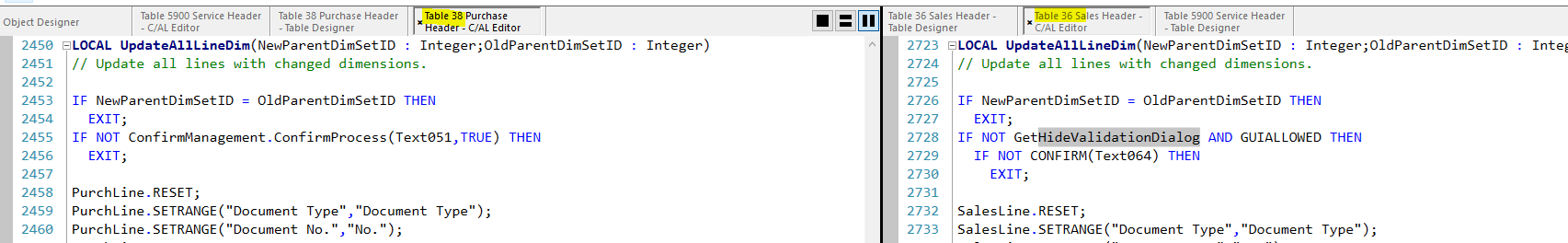 Confirm-Message and HideValidationDialog in Table 36, 38 and 5900 Function: UpdateAllLineDim ...