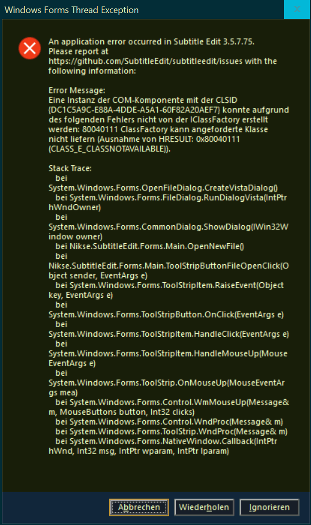 "Windows forms thread exception" in Windows 1809 · Issue #3182 · SubtitleEdit/subtitleedit · GitHub