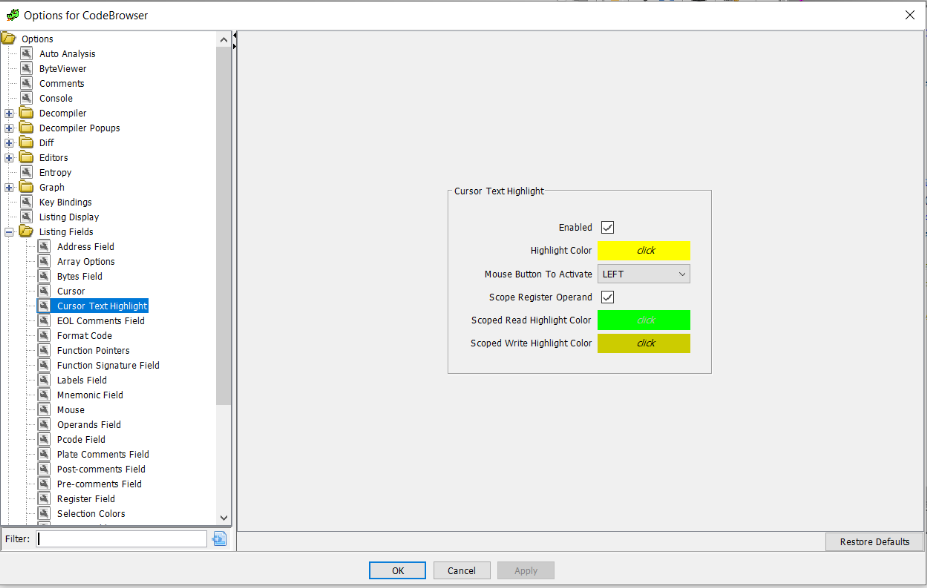 Like registers and variables are not highlighted when clicked in disassembler or decompiler ...