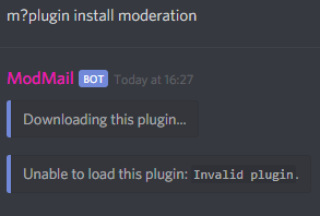 Invalid plugin when trying to install moderation plugin · Issue #3 · xPolar/modmail-plugins · GitHub