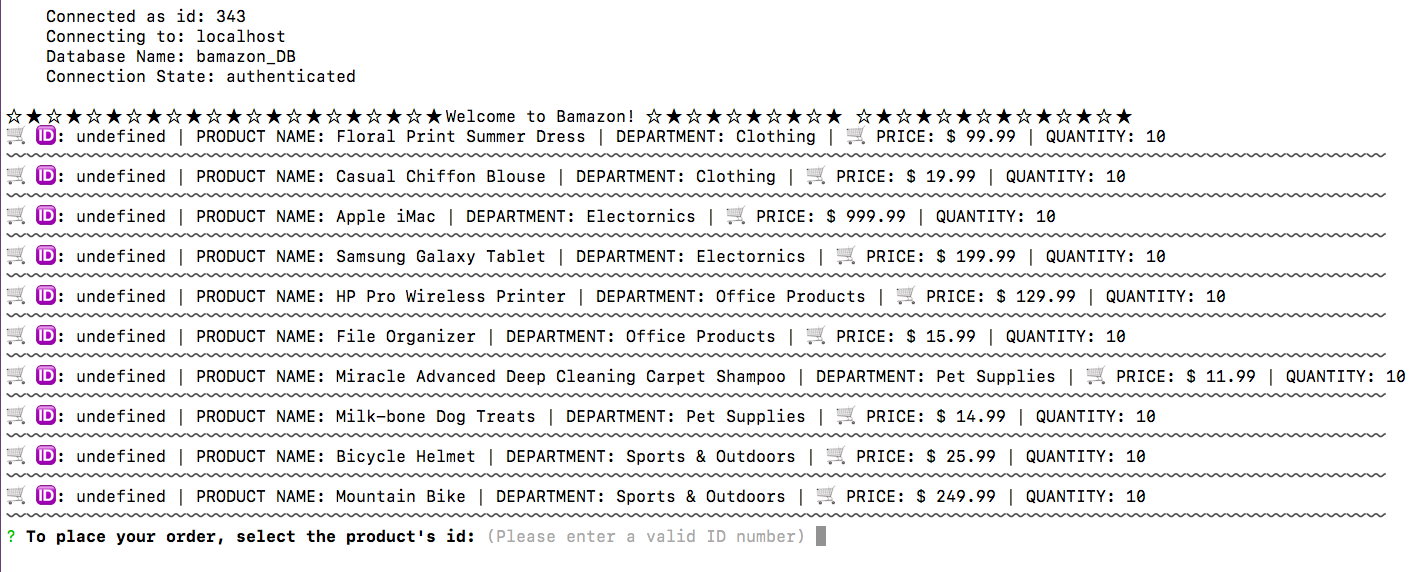 bamazon | Bamazon is an Amazon-like storefront displayed through the Terminal using node.js and ...