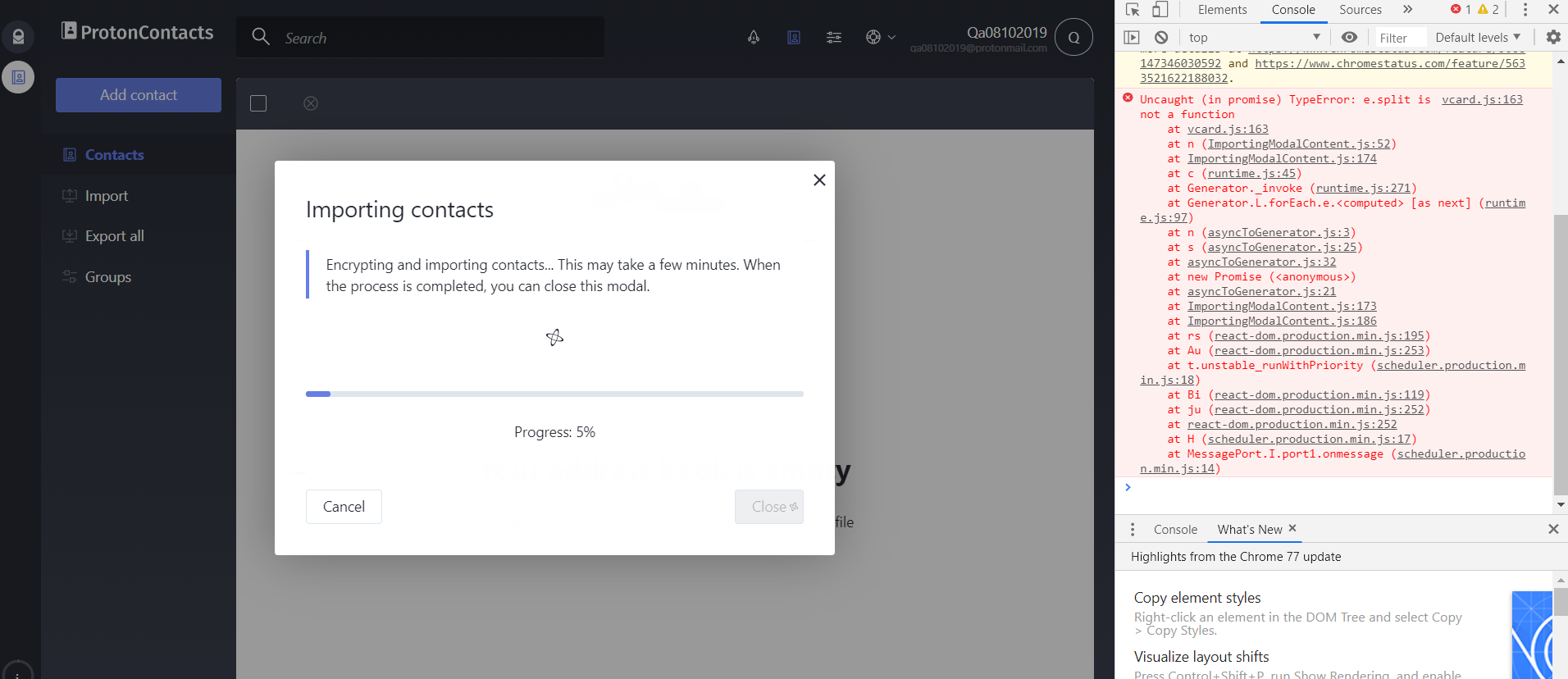 Importing is frozen on 5% for a specific .csv file · Issue #192 · ProtonMail/proton-contacts ...