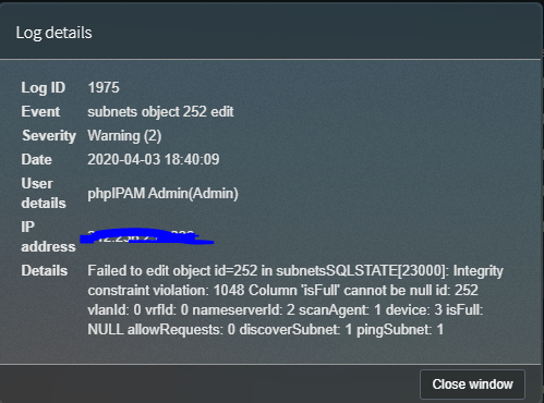 "Propagate Change" results in "Column "isFull" cannot be null · Issue #2980 · phpipam/phpipam ...