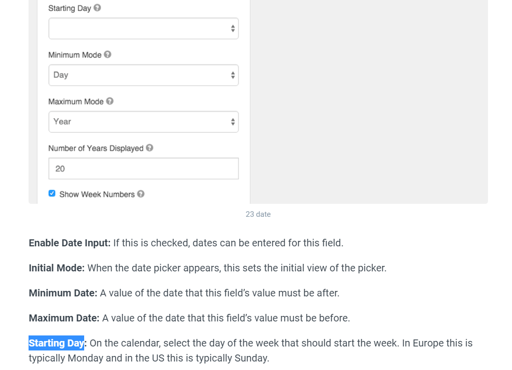 [BUG] Cannot set start day of week for date input · Issue #4499 · formio/formio.js · GitHub