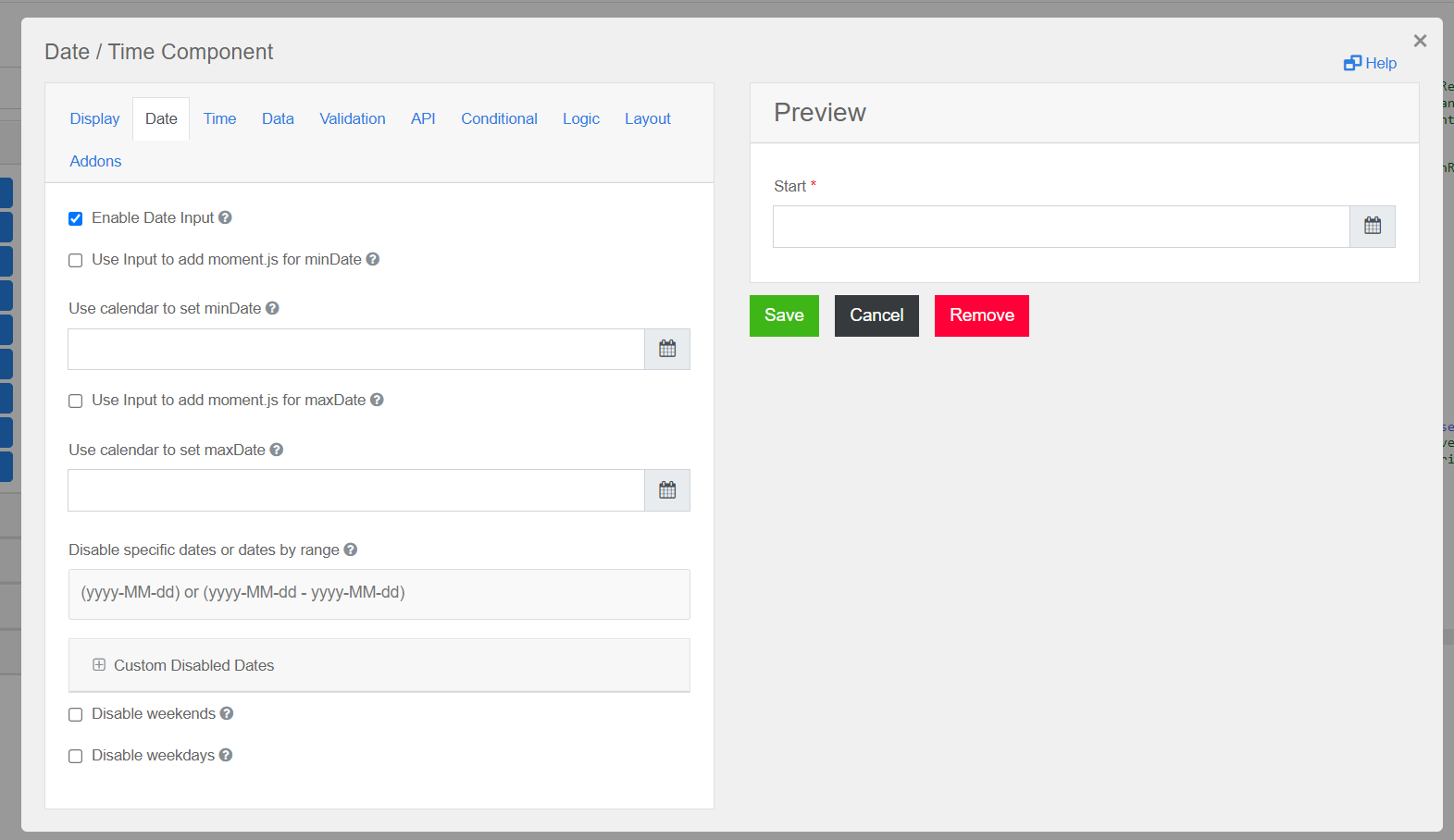 [BUG] Cannot set start day of week for date input · Issue #4499 · formio/formio.js · GitHub