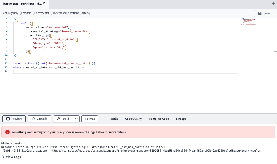 [adap 848] [bug] Bq Incremental Materialization With ` Dbt Max Partition` Doesn T Work For