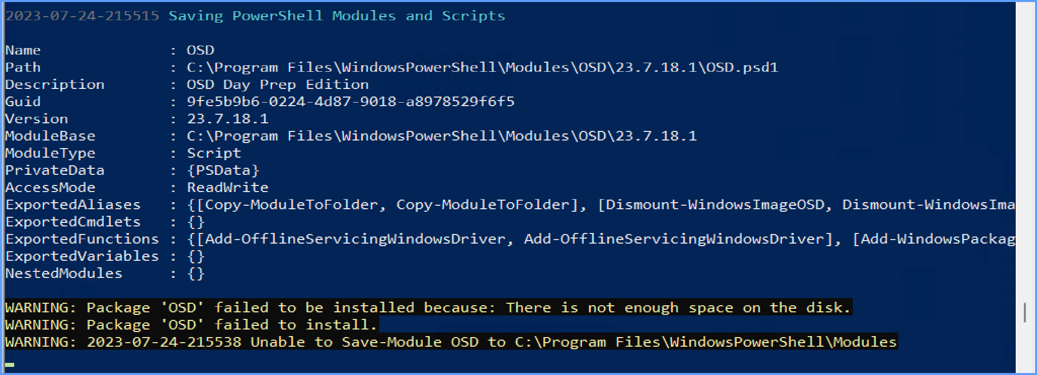 "There is not enough space..." Install Module call · Issue #73 · OSDeploy/OSD · GitHub