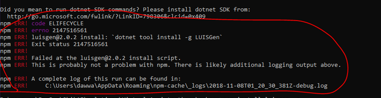 Luisgen ERR! Exit status 2147516561- luisgen@2.0.2 install: `dotnet tool install -g LUISGen ...