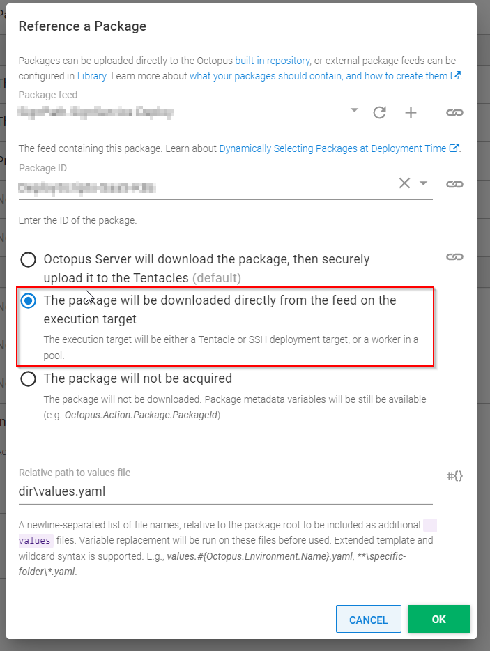 "Files in Additional Packages" in "Upgrade a Helm Chart" step always uses "ExecutionTarget ...