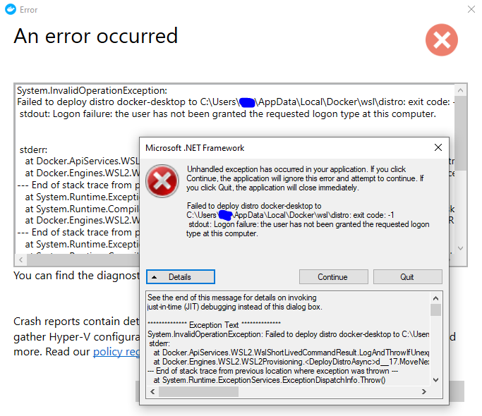 Failed to deploy distro docker-desktop.. Logon failure: the user has not been granted the ...
