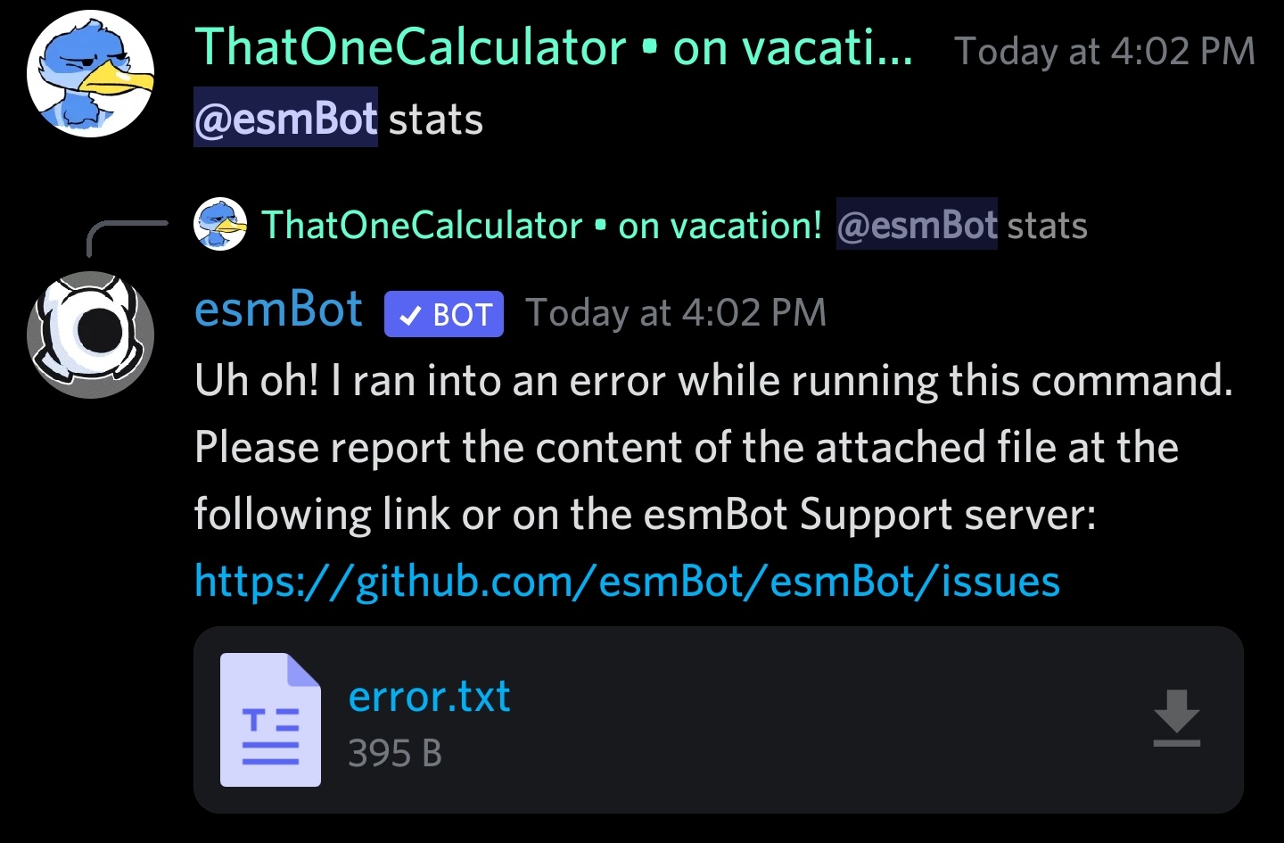 `stats` command broken · Issue #143 · esmBot/esmBot · GitHub