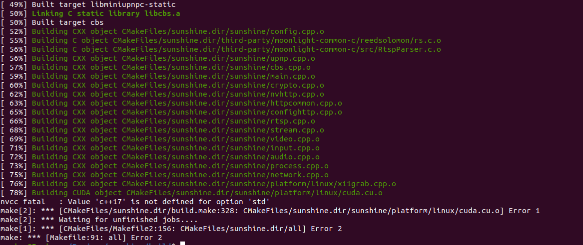 nvcc fatal : Value 'c++17' is not defined for option 'std' · Issue #361 · loki-47-6F-64/sunshine ...
