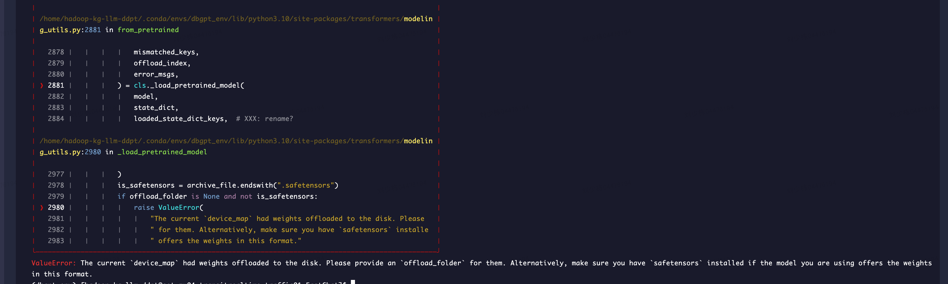 [error] ValueError：The current `device_map` had weights offloaded to the disk. Please provide an ...
