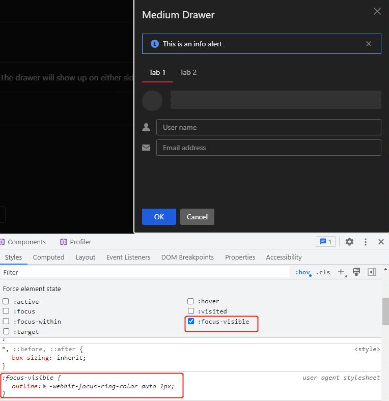 Remove the outline for the Drawer, Modal, and Tab components when they are in an active state ...