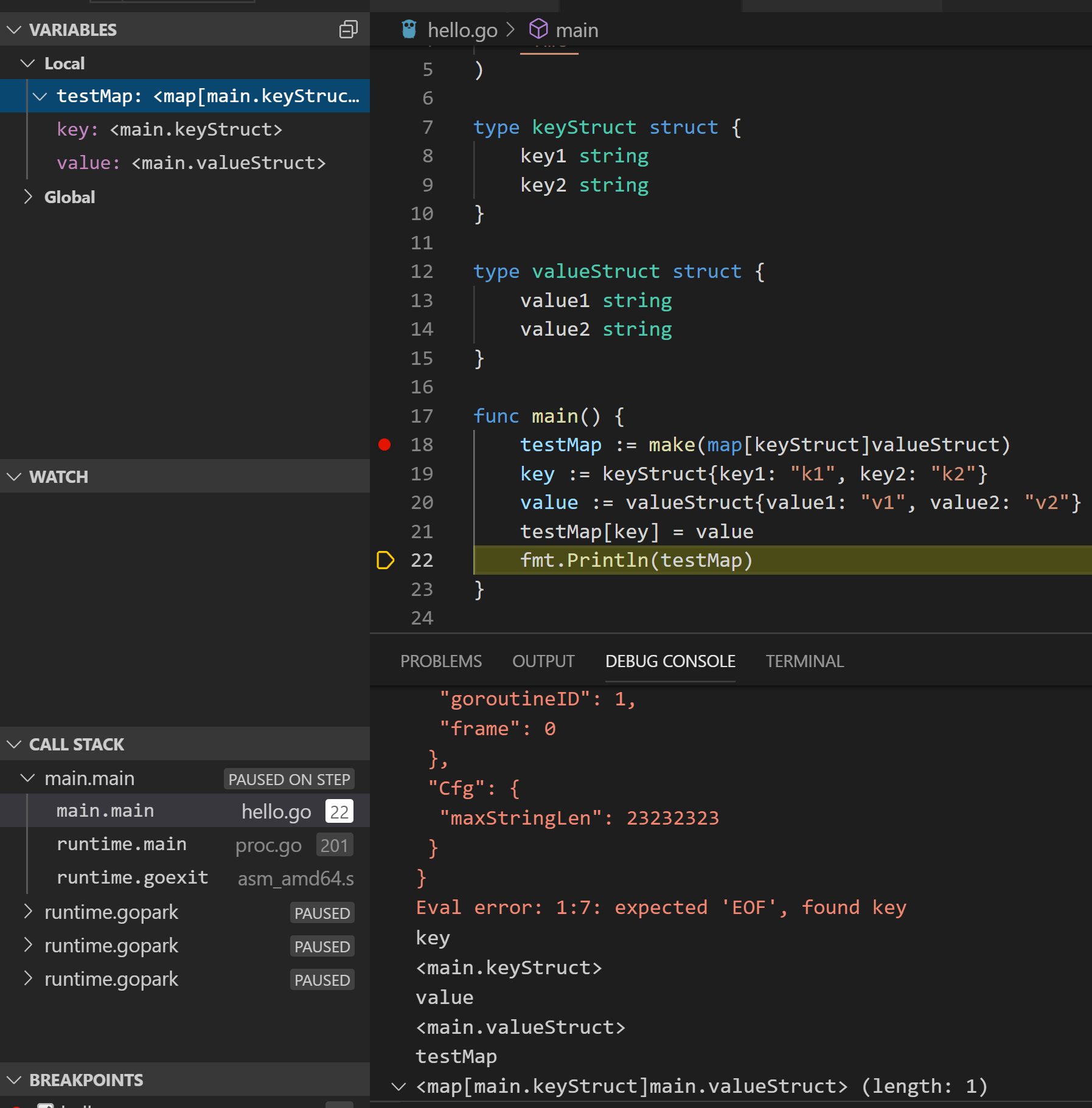 With delve remote-debugging on vscode unable to print maps/structures ...