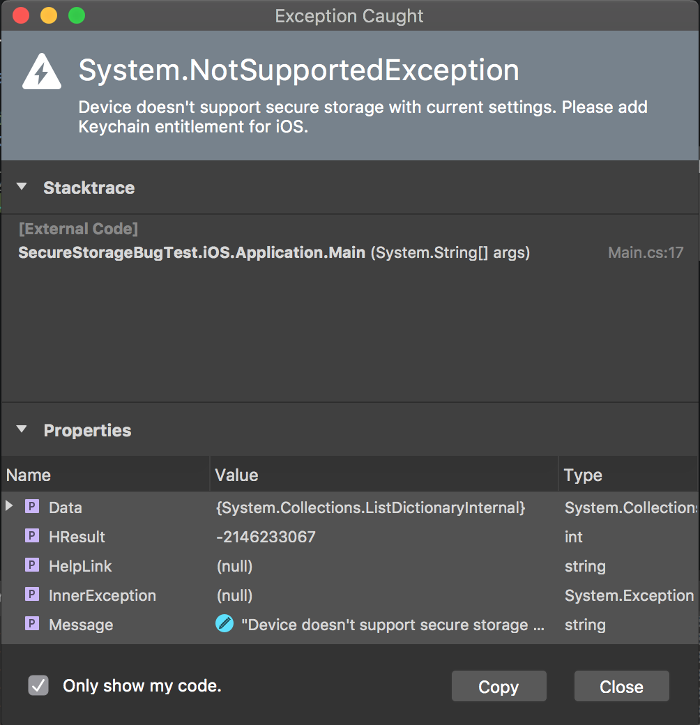 Secure Storage error even with Keychain entitlement · Issue #485 · xamarin/Essentials · GitHub