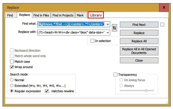 [Feature Request]:Add The library tab in the Find and Replace window to reuse Regexes mainly ...