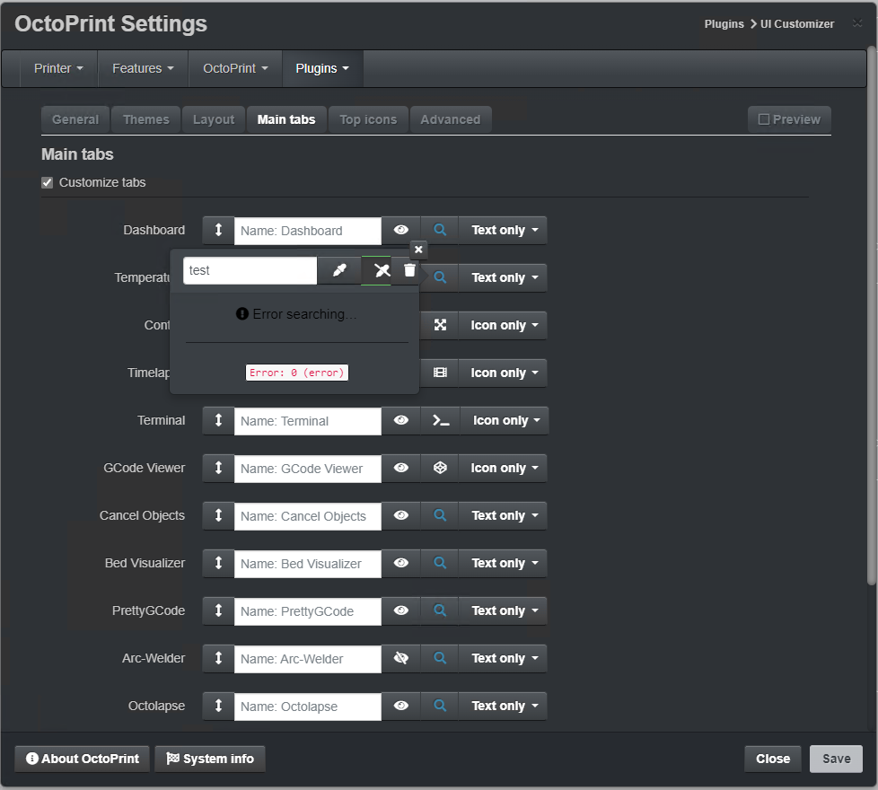 Issue with icons on the tab order panel: · Issue #291 · LazeMSS/OctoPrint-UICustomizer · GitHub