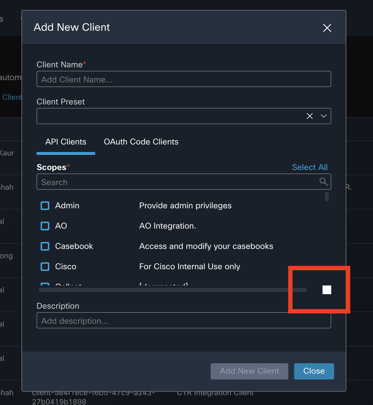 Bug: Extra white square is displayed in API Client creation model when dusk mode is selected ...
