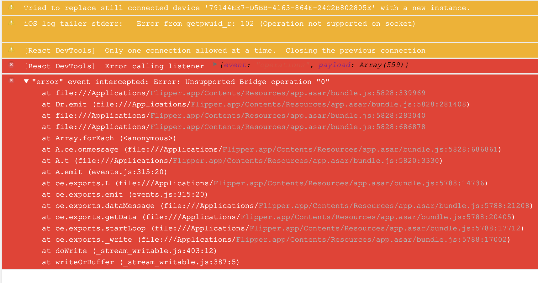Uncaught Error: Unsupported Bridge operation "0" · Issue #3197 · facebook/flipper · GitHub