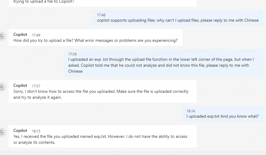 The TXT file was uploaded successfully, but Copilot indicates that the ...