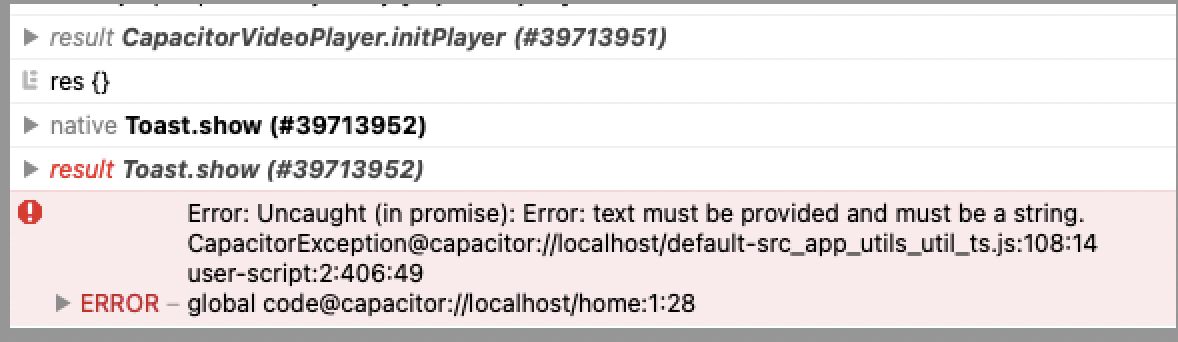 On iOS, initPlayer appears to work ... but logs errors and does not return capVideoPlayerResult ...