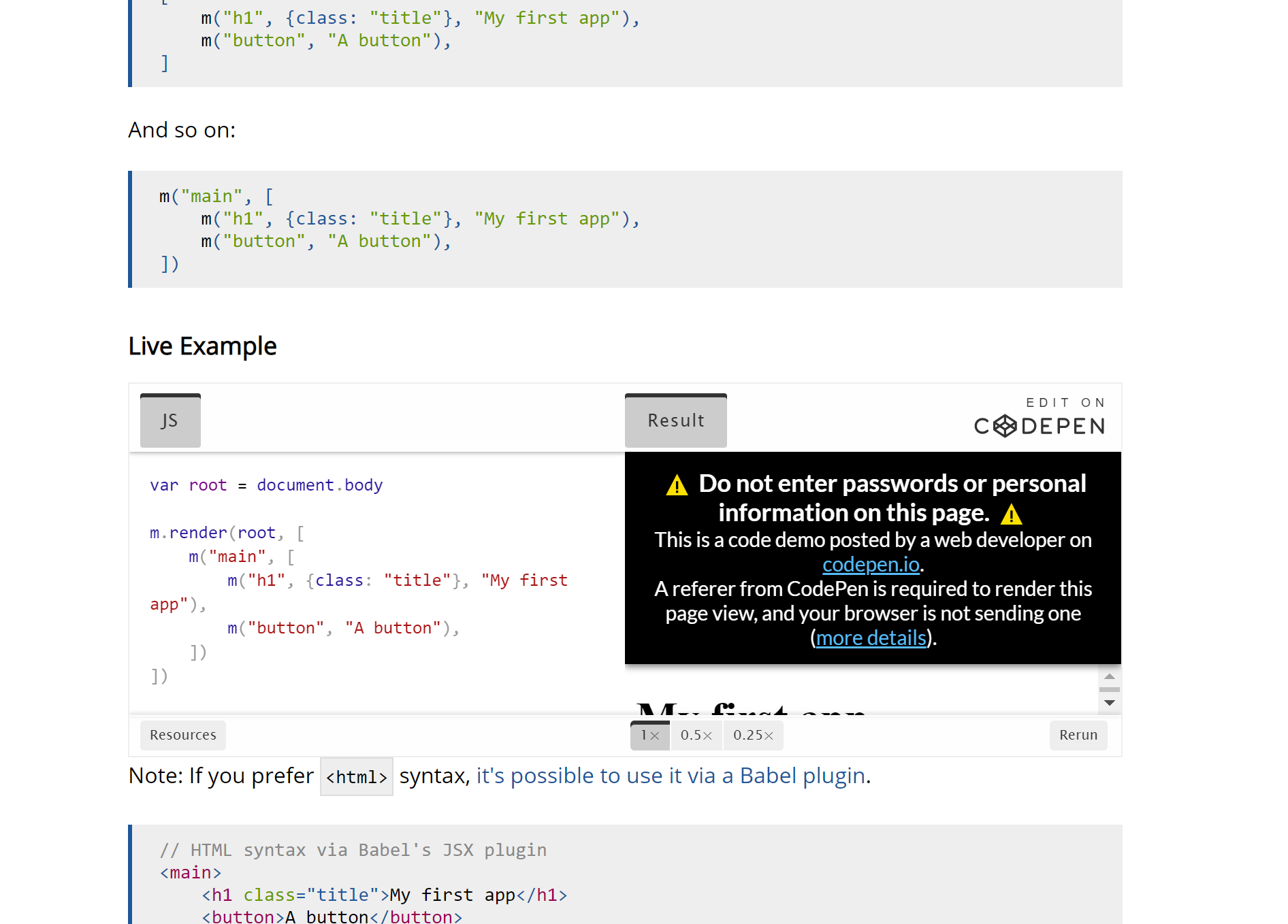 codepen's examples are blocked in https://mithril.js.org/ website · Issue #2584 · MithrilJS ...