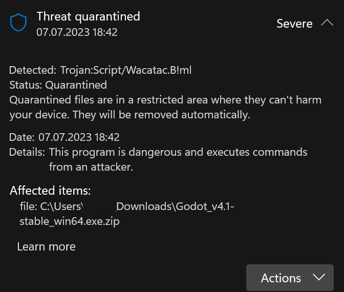 Windows Defender classifies 4.1 zip file as virus · Issue #79170 · godotengine/godot · GitHub