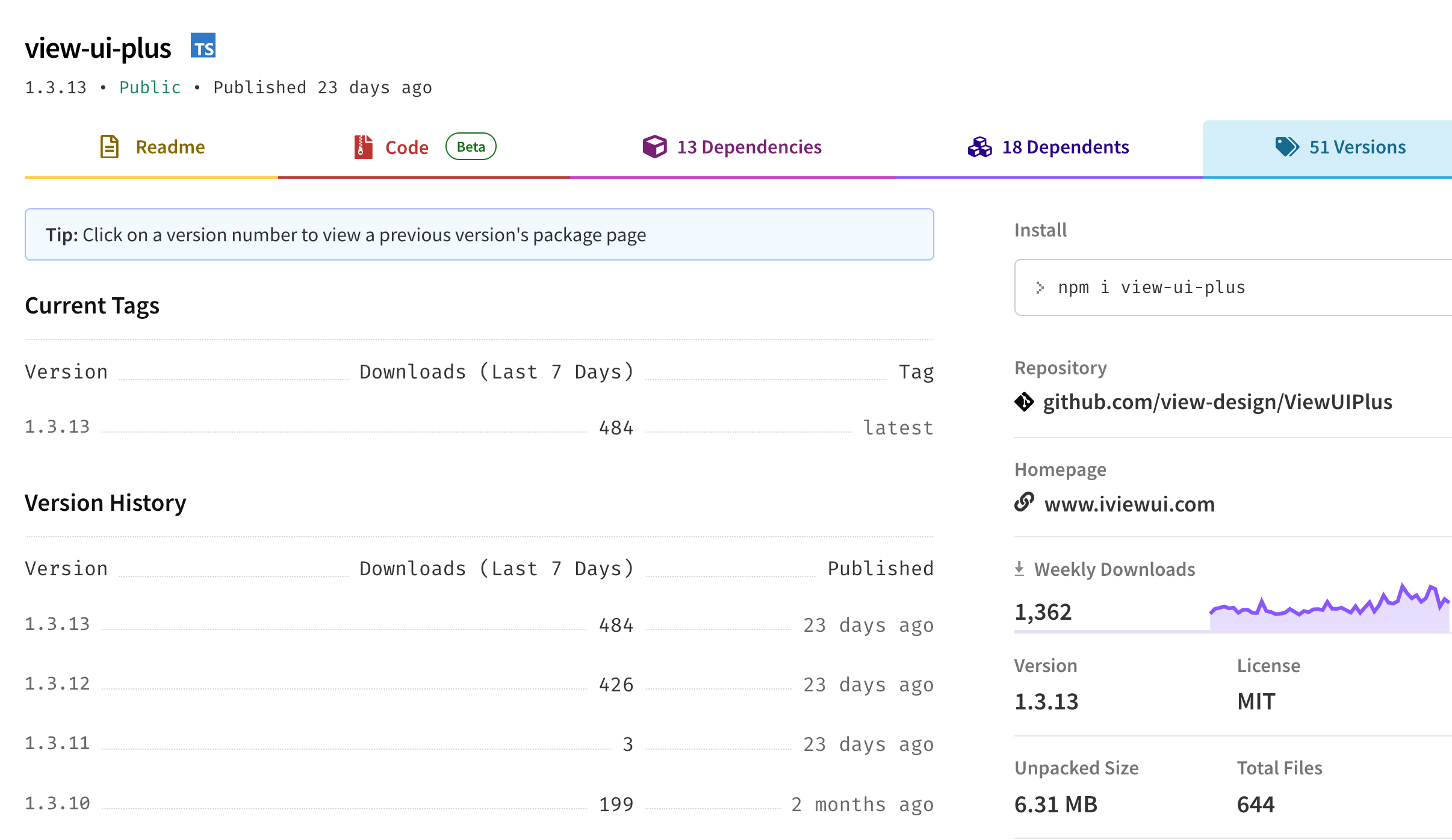 [Bug Report]为什么无法安装 最新版 1.3.13？ · Issue #283 · view-design/ViewUIPlus · GitHub