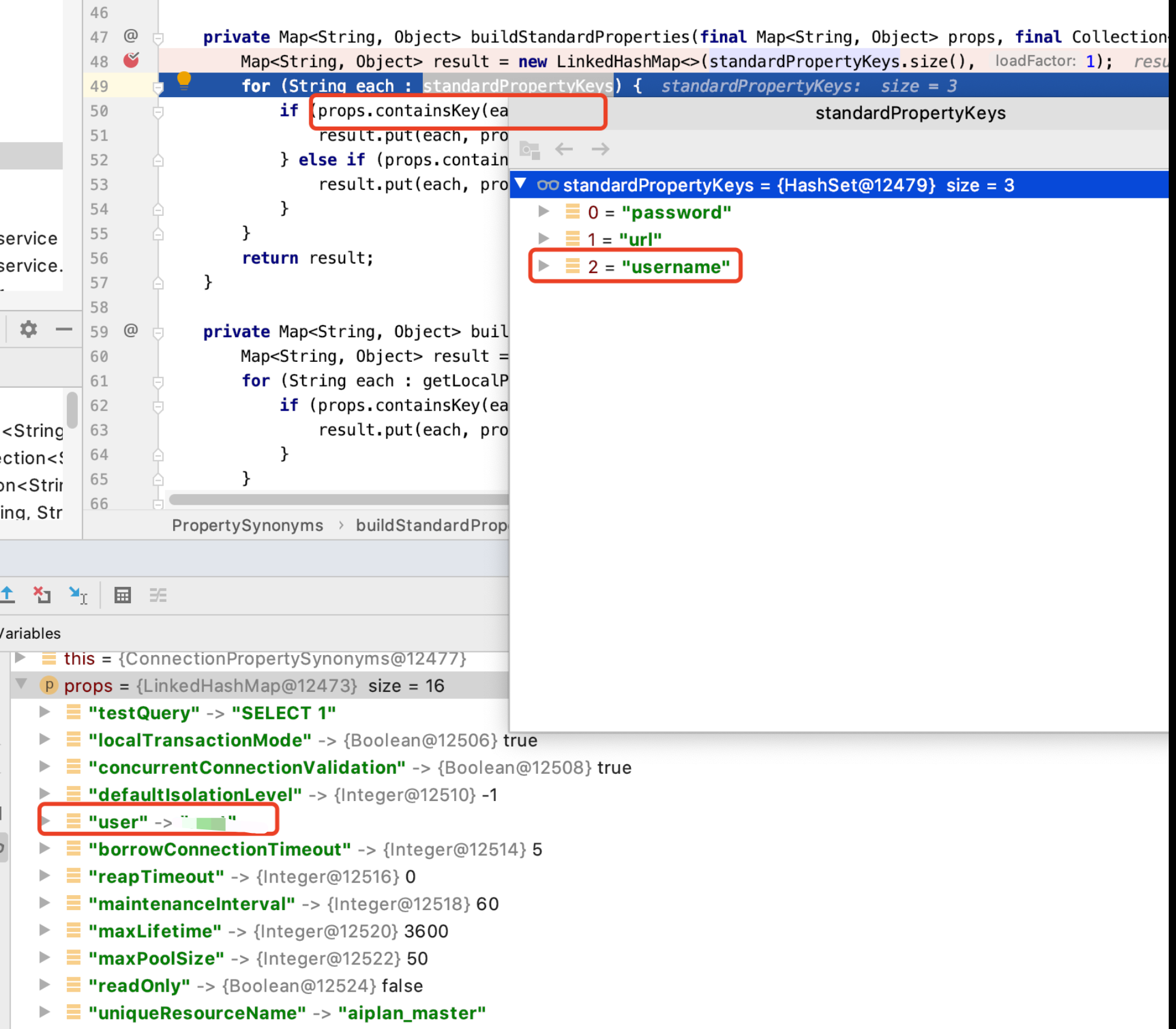 some datasource pool connect resolve PropertyKeys is user，but standardProperties just compare ...