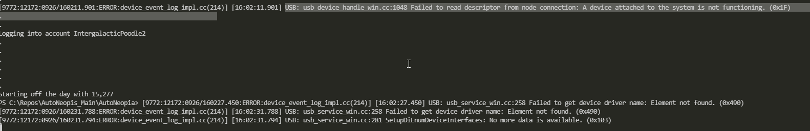 Suppress warning: USB: usb_device_handle_win.cc:1048 Failed to read descriptor from node ...
